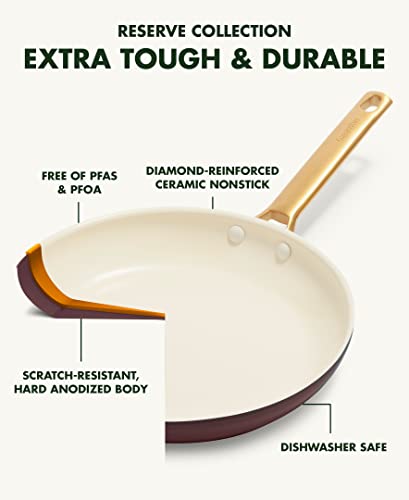 GreenPan Reserve Hard Anodized Healthy Ceramic Nonstick 8" and 11" Frying Pan Skillet Set, Gold Handle, PFAS-Free, Dishwasher Safe, Oven Safe, Merlot Red