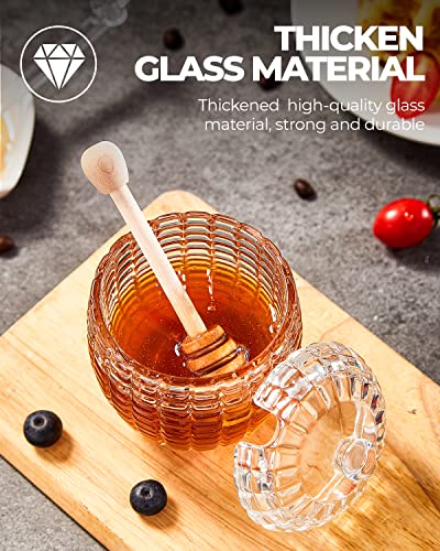 Ahoo Glass Honey Jar,Dispenser Honey Pot Containers with Wooden Dipper Stick Set and Lid,Storage Honey Holder Bottle