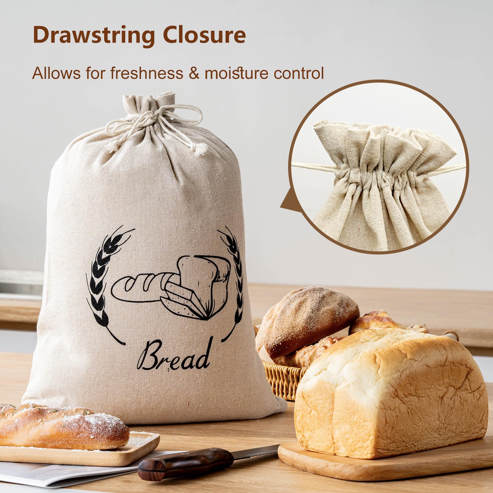 2 Pack Bread Bags for Homemade Bread Sourdough, Reusable Linen Sourdough Bread Bags with Plastic Lining, Large 17“×13” Homemade Bread Cloth Storage Bags for Artisan Bread, Round Loaf, Sourdough