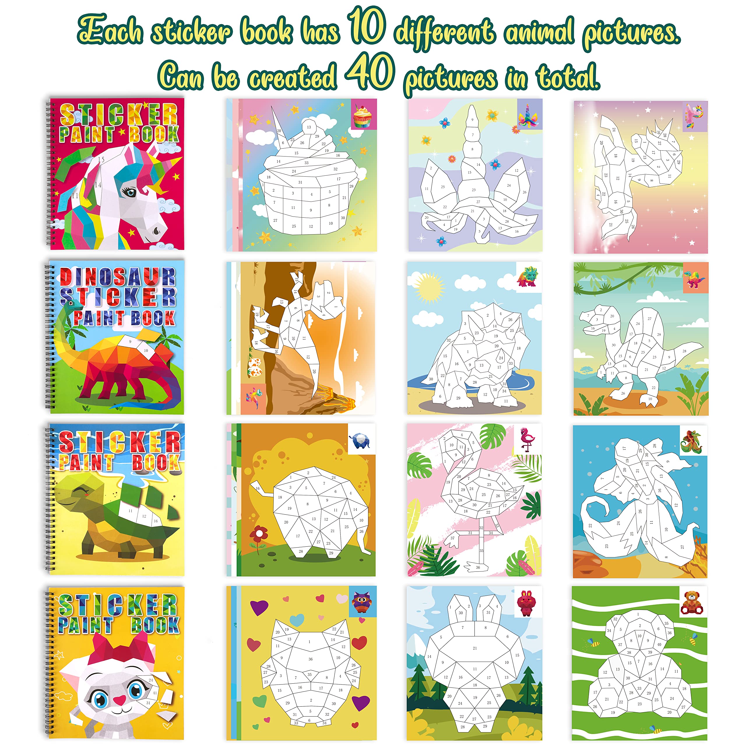 4PCS Crafts for Kids Ages 4-8 Sticker Books - Includes Dinosaur Llama Turtle and More Animal Designs Gift Party Create 40 Pictures