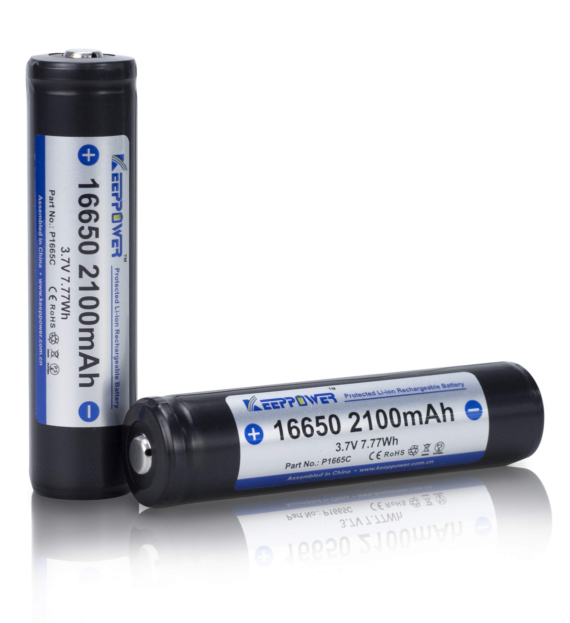 Keeppower 16650 Protected Li-ion Battery Rechargeable 3.7V 2100mAh 7.77Wh Replacement for CR123A Batteries (2 Pack)