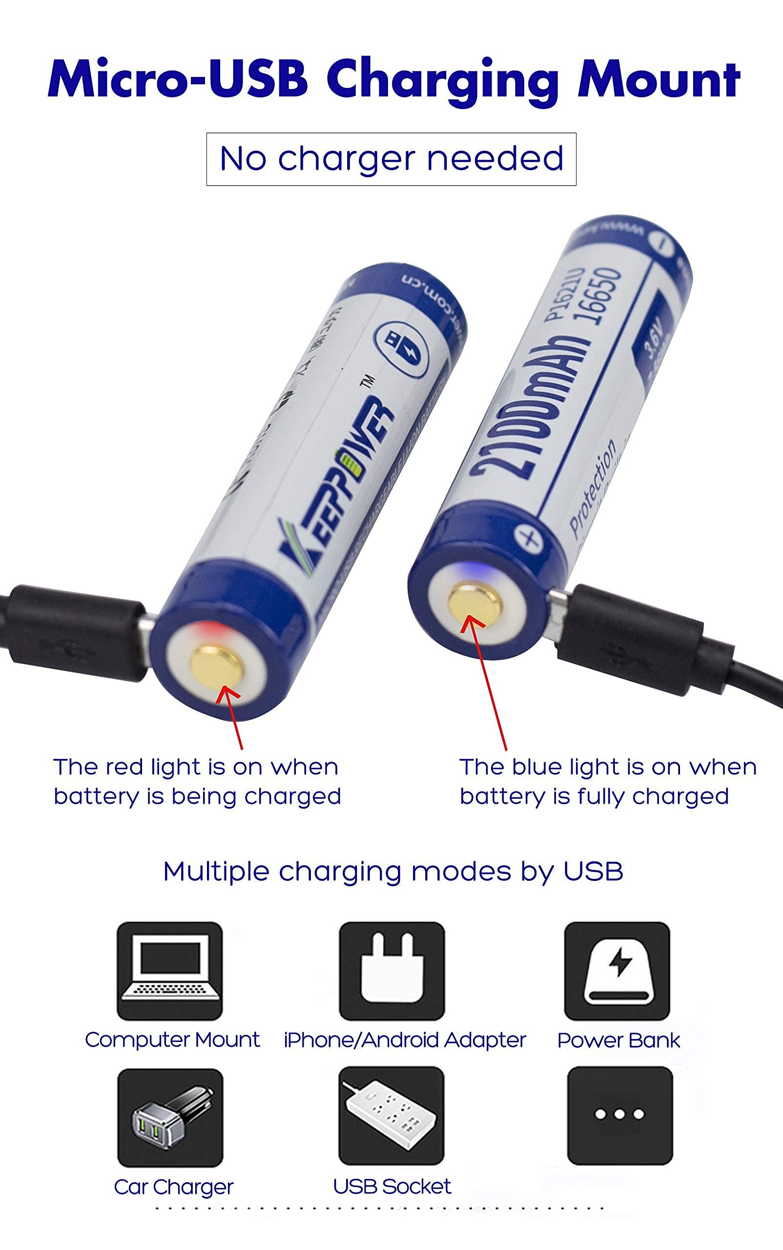 Keeppower Protected 16650 Li-ion Battery P1621U USB Rechargeable 3.6V 2100mAh 7.56Wh Flashlight Battery Included with a 2-in-1 Charging Cable (2 Pack)