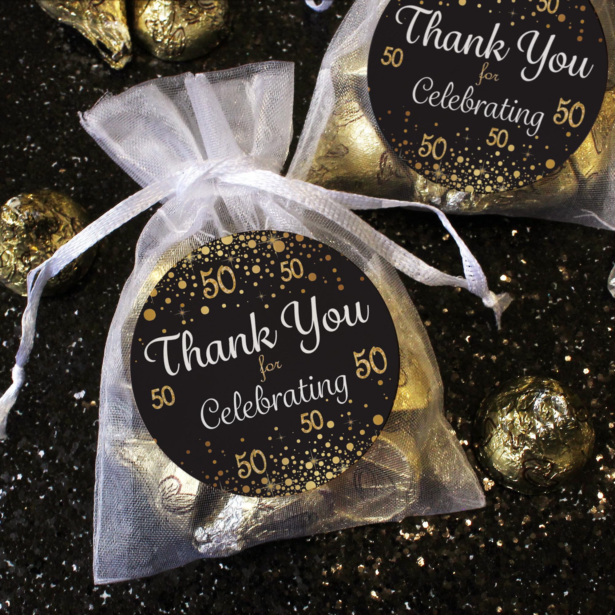 Black and Gold 50th Birthday Thank You Stickers - 1.75 in - 40 Labels