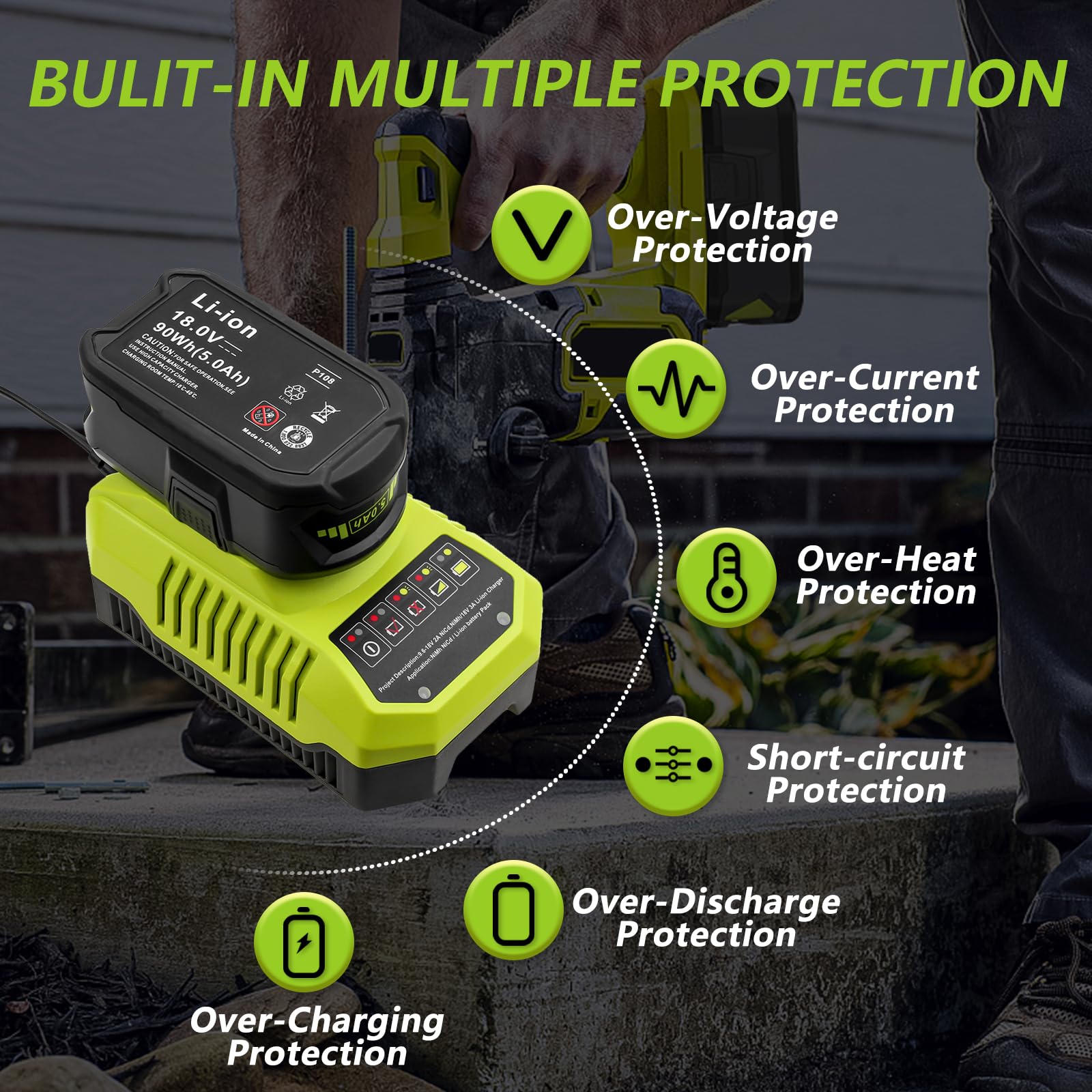 2Pack 6.0Ah Replacement for Ryobi 18V Battery and Charger Combo Replacement for Ryobi 18V Lithium P102 P103 P104 P105 P107 P109 P108 P190 P122 Cordless Tools Battery and P117 Charger