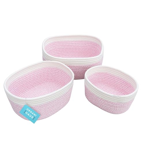 OrganiHaus Set of 3 Pink Baskets for Organizing, Nursery Storage Basket for Closet, Small Woven Basket, Cotton Rope Basket for Storage, Decorative Storage Bins for Shelves, Baby Storage Organizer