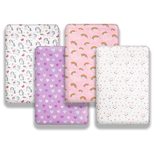 4 Pack Soft Baby Girl Crib Sheets for Standard Crib Mattress Unicron Rainbow Heart Cute Neutral Polyester Unisex Fitted Crib Sheets Set for Baby Girls