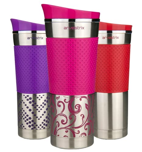 Arvestrix Travel Mug, Stainless Steel Thermal Mug, Vacuum Flask, Double Walled and Leakproof Tumbler, Coffee Mug for Hot and Cold Drinks with BPA Free Easy Clean Lid for Men and Women 16Oz (Pink)