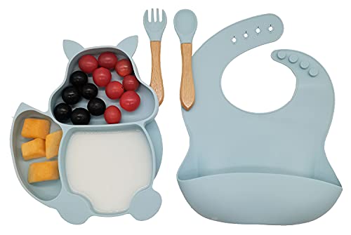 Silione Baby Feeding Set Including Baby Suction Plate/Todder Plates For Self Feeding Training With Divided Design/Soft spoon/Fork/Adjustable Bib Toddler Dish Kit(Grey C)