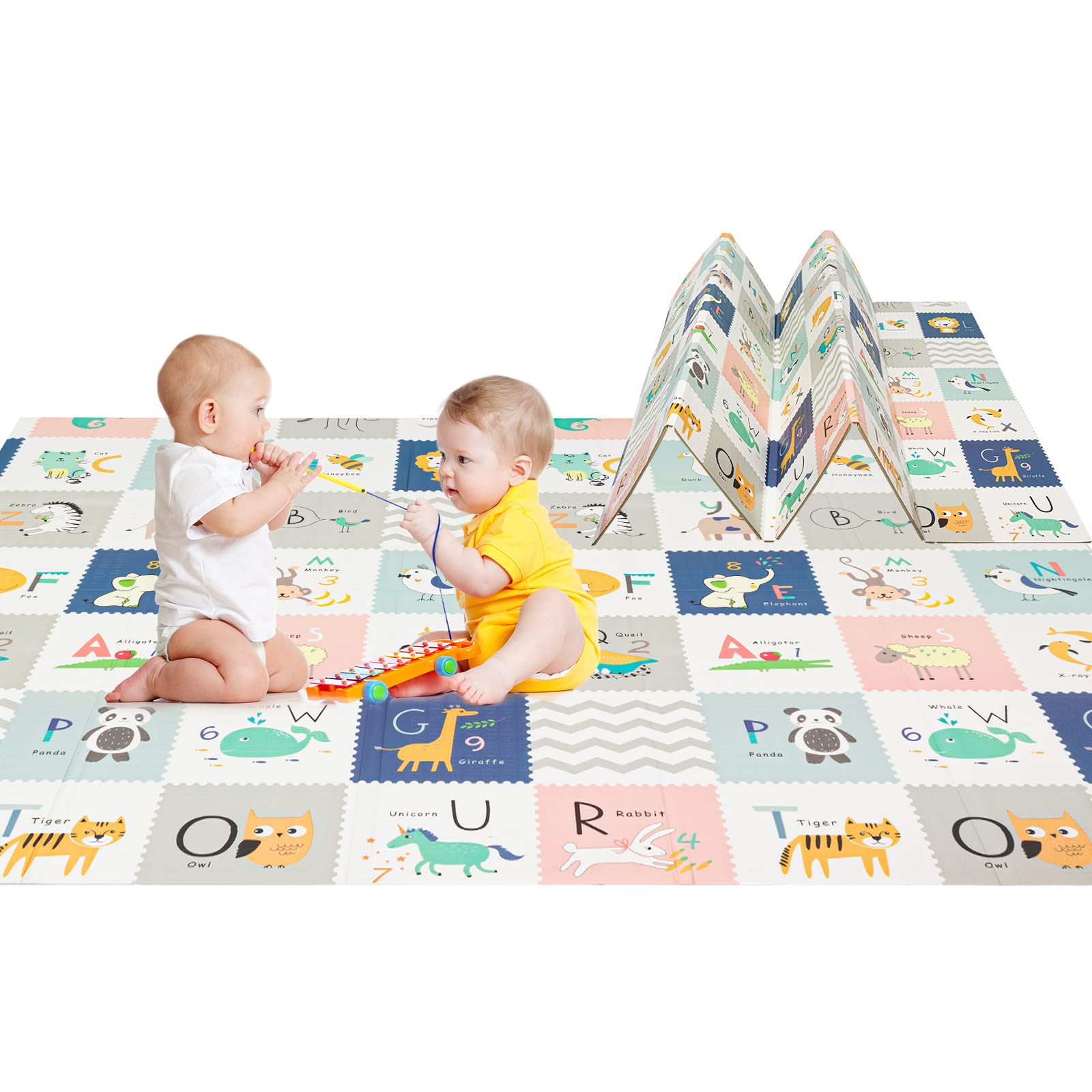 Baby Play Mat, 79 x 71 x 0.4 Inch Folding Baby Crawling Mat, Waterproof Reversible Playmat for Baby Infants Toddlers, Foam Play Mat for Indoor Outdoor Use (Animal Party)