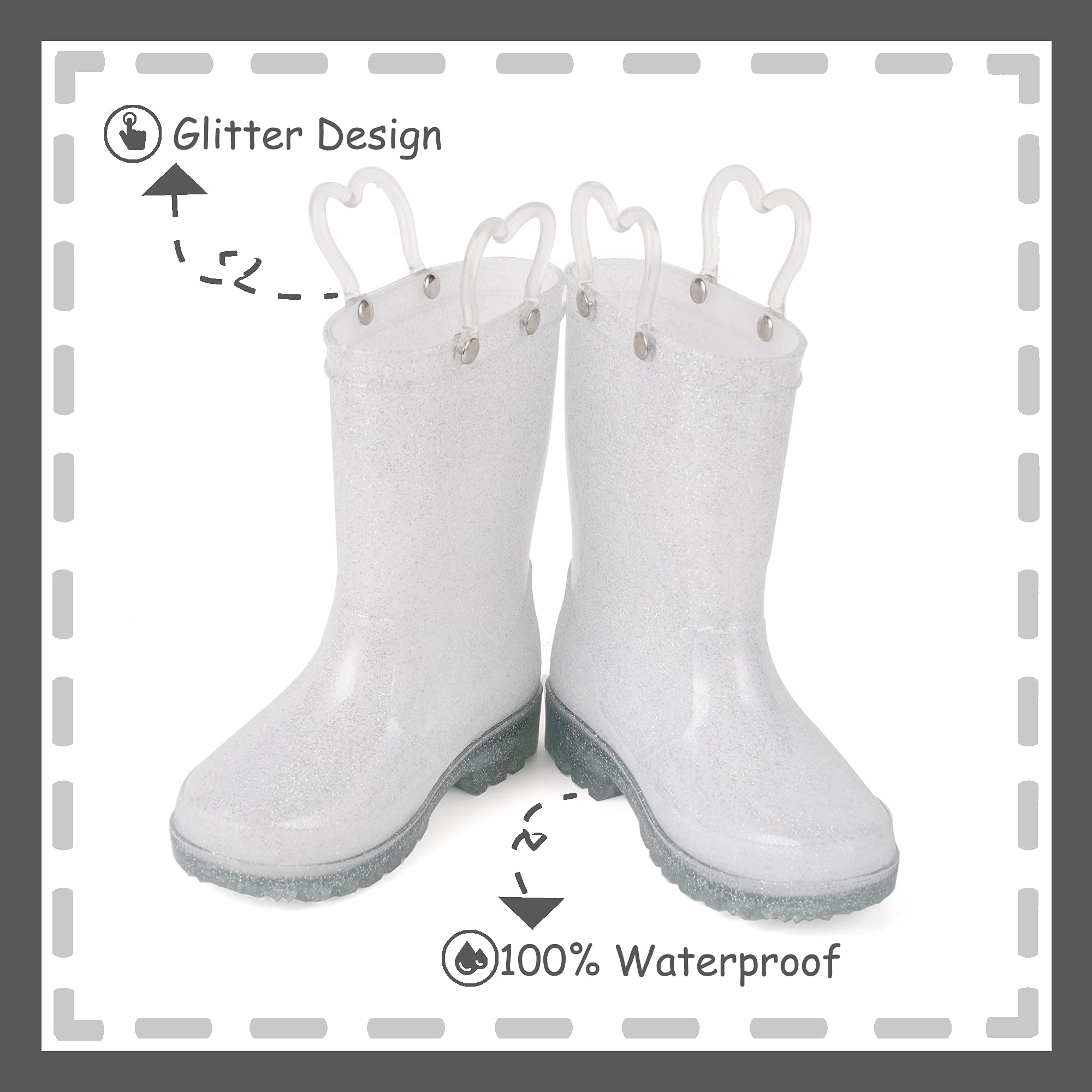 Outee Toddler Girls Rain Boots Kids Baby Light Up Glitter Waterproof Rubber Mud Shoes Lightweight Sparkle Silver Adorable with Easy-On Handles Non Slip (Size 9,Silver)