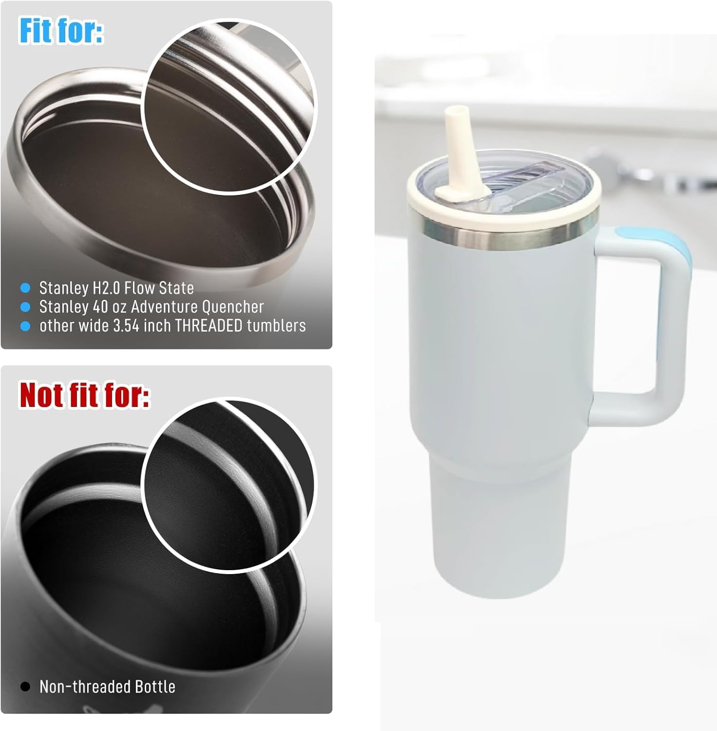 2 Pack 40 oz Tumbler Flip Straw Lid Replacement Compatible with Stanley Quencher - Leak-Proof Splash Resistant Tumbler Top Replacement Reusable Tumbler Cover Cream White