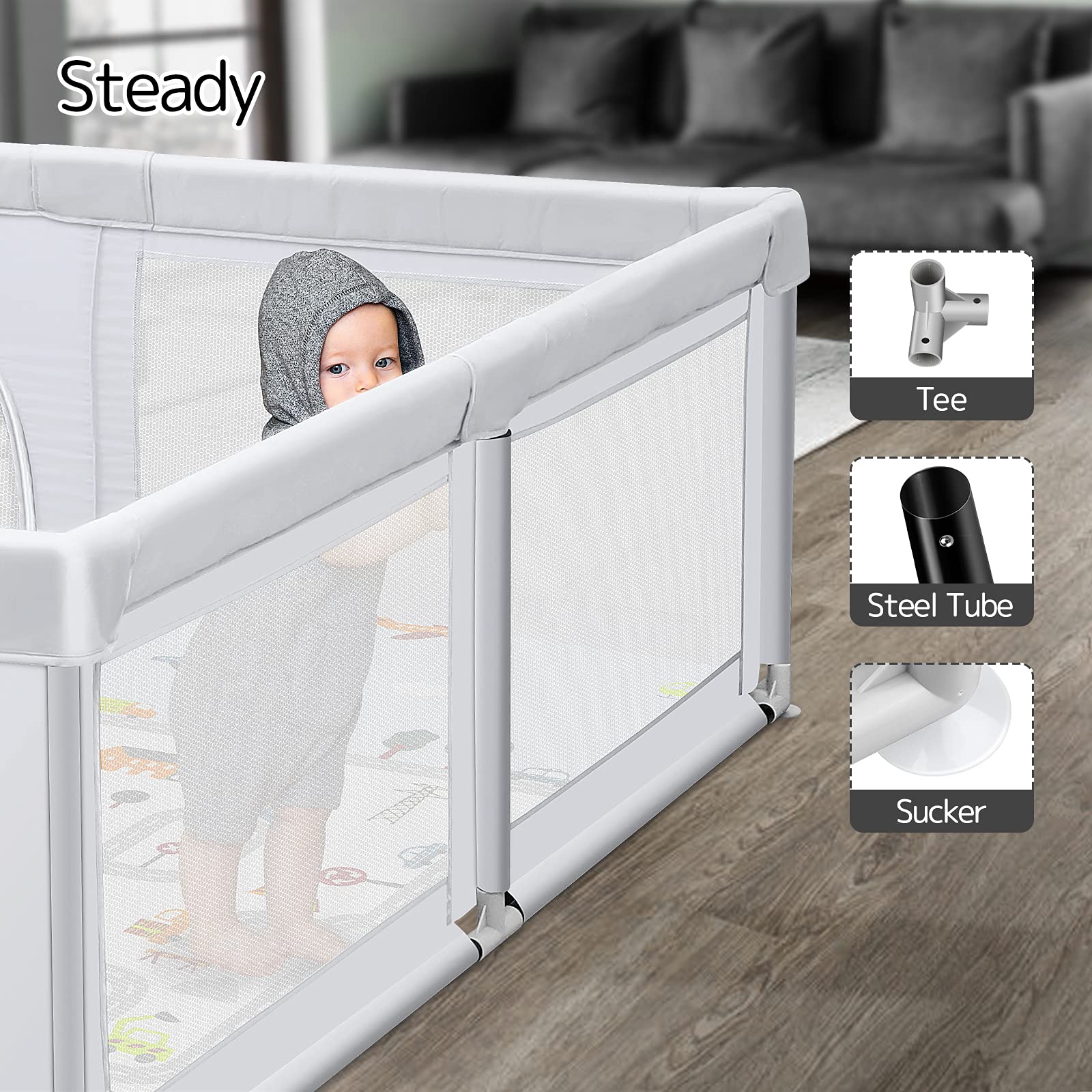 Baby Playpen with Mat, 79"x71" Extra Large Play Pens for Babies and Toddlers, Infants Playpen Gate Kids Safety Play Yard (Light Gray)