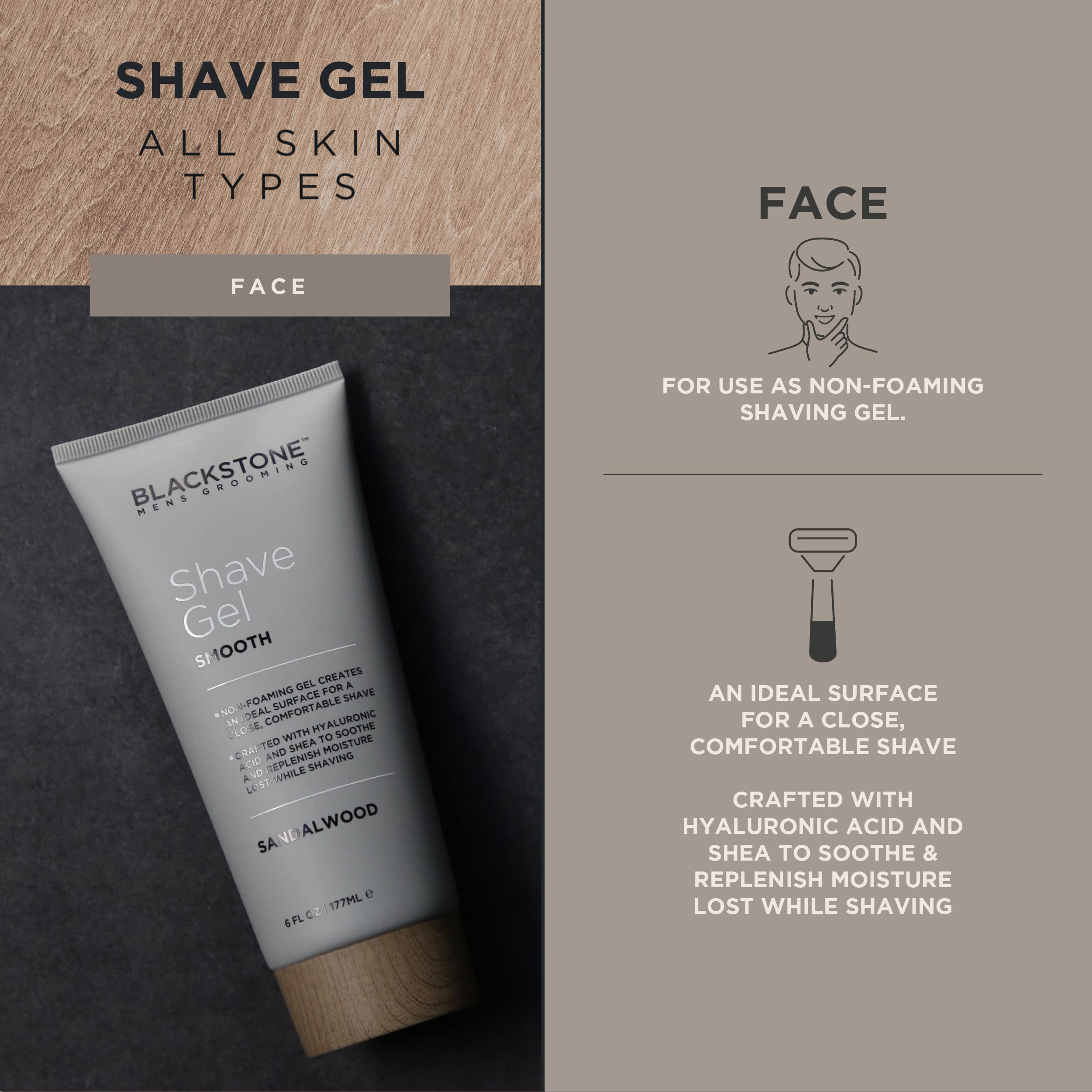 Blackstone Men's Grooming Smooth Shave Gel - Non Foaming for a Smooth Comfortable Shave - Hyaluronic Acid, Shea, Peppermint & Tea Tree - Cool, Soothe & Replenish Moisture - Sandalwood Scent (6 oz)