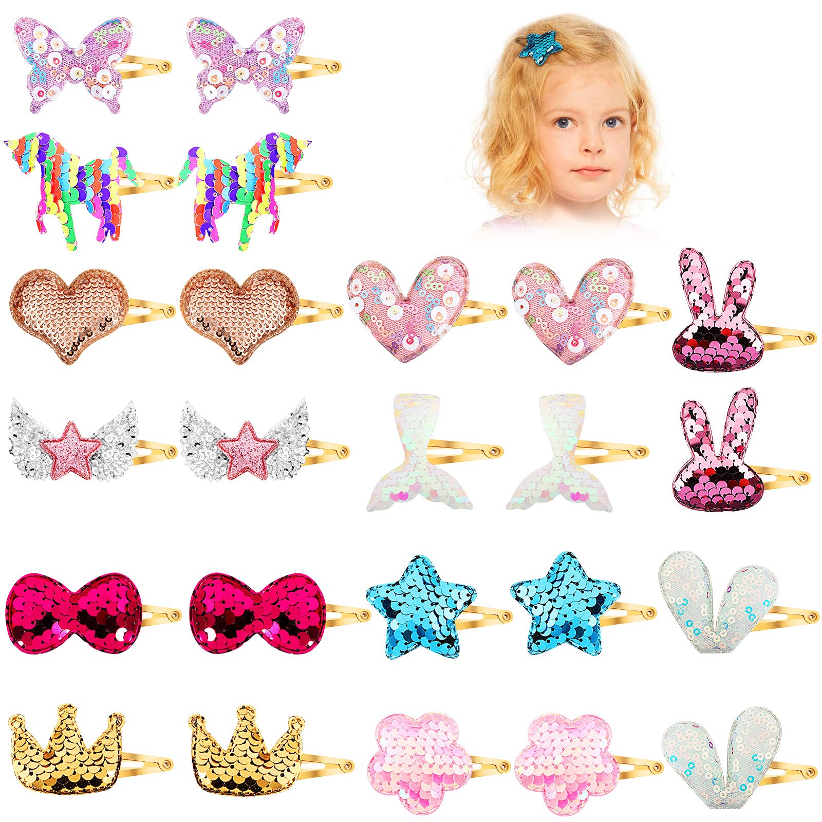 Chuangdi 24 Pieces Hair Clips Shiny Star Crown Heart Butterfly Rabbit Unicorn Shaped Hair Barrettes Cute Hair Clips Metal Snap Hair Pins Glitter Hair Styling Accessories