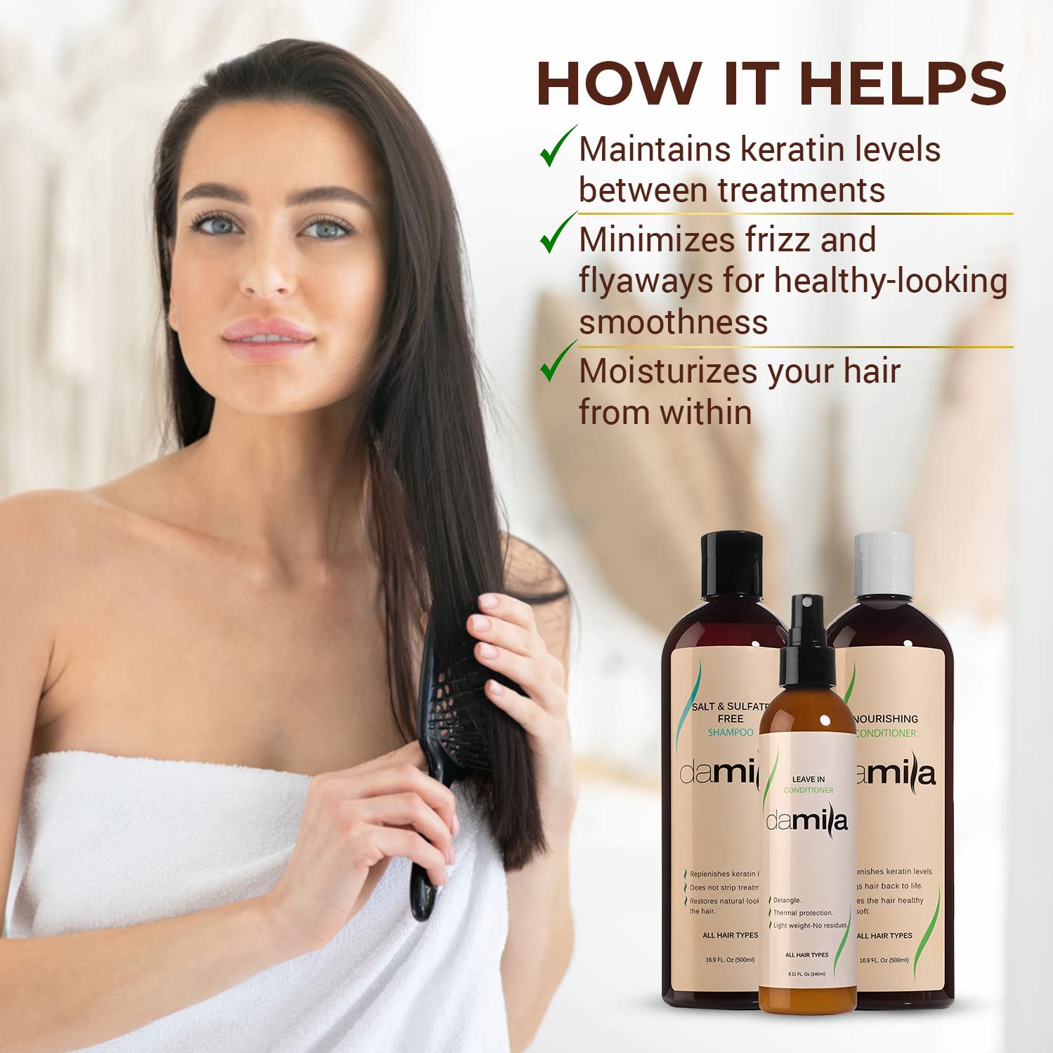 Damila Salt and Sulfate Free Shampoo & Conditioner, 16.9 fl oz & Leave In Conditioner, 8.11 fl oz Bundle