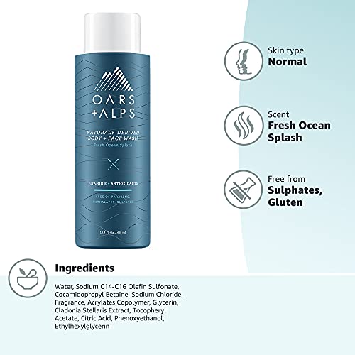 Oars + Alps Men's Moisturizing Body and Face Wash, Skin Care Infused with Vitamin E and Antioxidants, Sulfate Free, Fresh Ocean Splash, 1 Pack