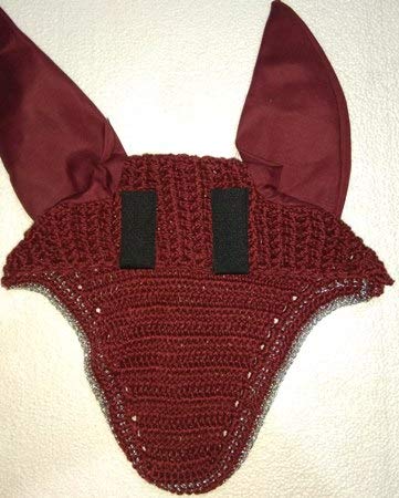 Avani Creations Horse Earnet Crochet Fly Veil Equestrian Fly Bonnet/Veil/mask Burgundy Color with Silver Edges