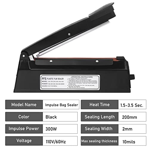 8inch Impulse Heat Sealer,Manual Poly Bag Heat Sealer Sealing Machine Heat Seal Closer for Plastic Bags PE PP Bags (Black)