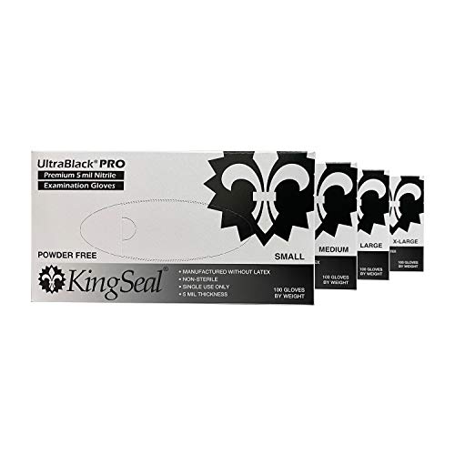 KingSeal UltraBlack-PRO Medium Nitrile Medical Grade Exam Gloves, Black, 5 MIL, Textured Fingertips - 1 Box of 100 Gloves