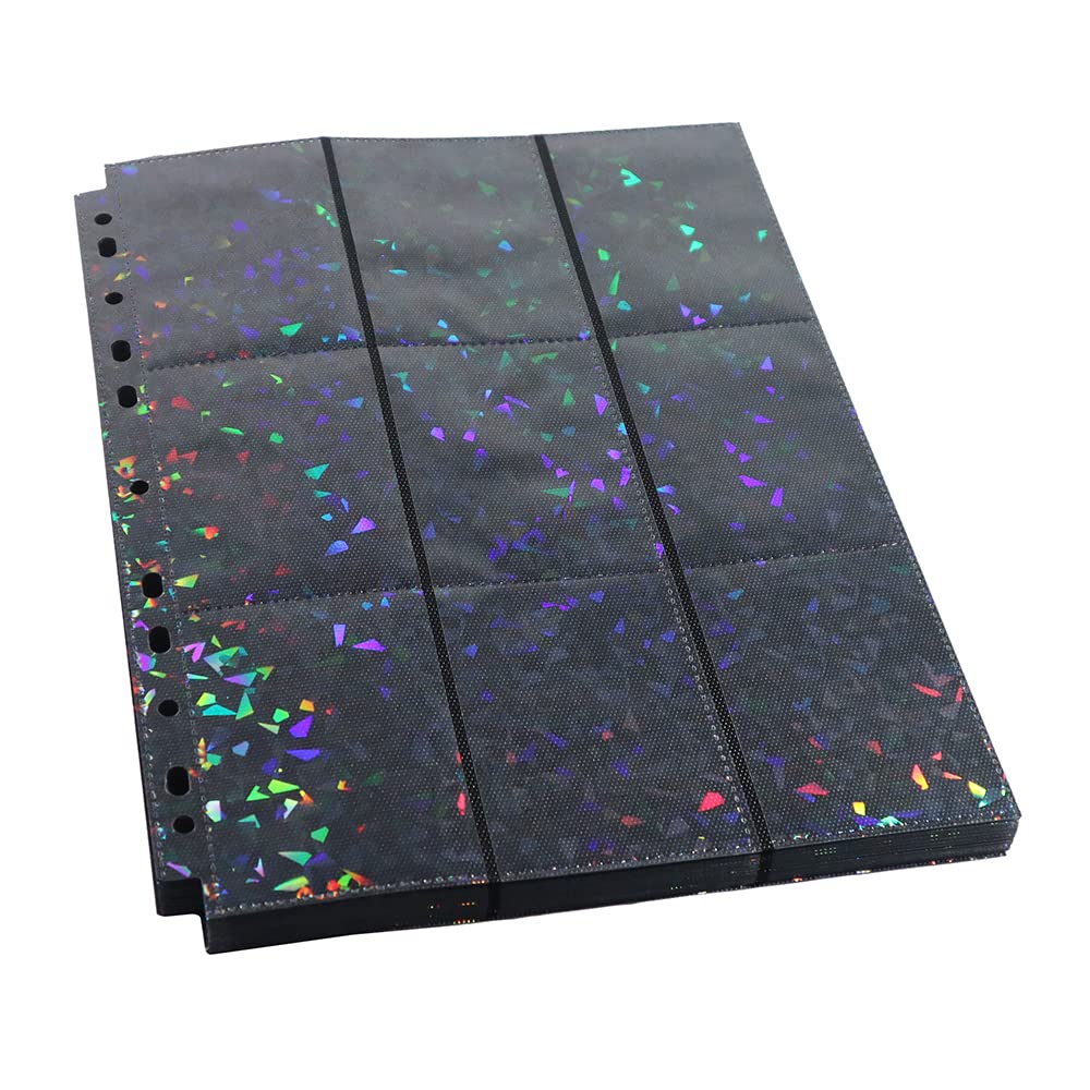 30PCS Holographic Trading Card Sleeve Pages Gemstone Foil Card Sleeves TCG&Photo 9 Pockets Fit 3 Ring Binder Pages (Side Loading Black Pages)