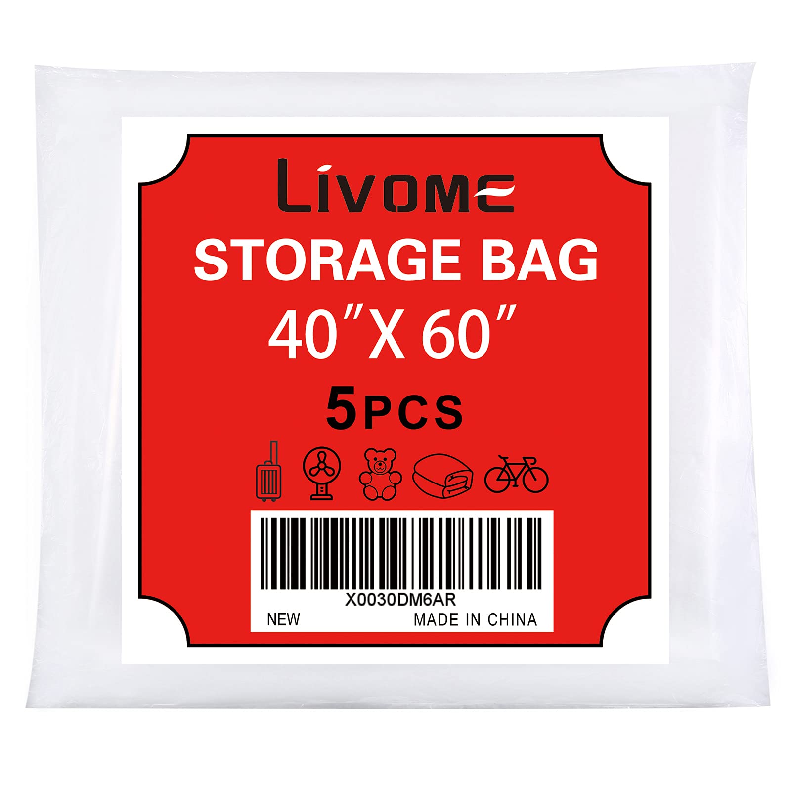 5 Pack 40*60 inches 2Mil Clear Plastic Storage Bags Dustproof Moistureproof Jumbo Moving and storage bag for Blanket Clothes and Big Plush Toys Luggage, Suitcase, Comforter, Chair, Kids Bike,Reusable