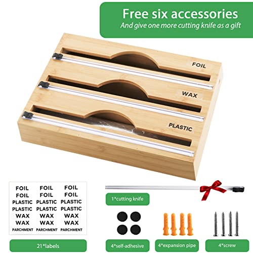 3 in 1 Wrap Dispenser with Cutter and Labels,Foil and Plastic Wrap Organizer for Kitchen, Storage Organizer for Aluminum Foil and Wax Paper,Wall Mount Bamboo Roll Organizer Holder,Send Slide Knife