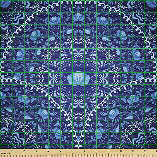 Ambesonne Navy Blue Fabric by The Yard Circular and Floral Alike Oriental Style Patterned Design Artwork Printed Decorative Water Resistant Material for Upholstery and Home Accents 1 Yard Blue Navy