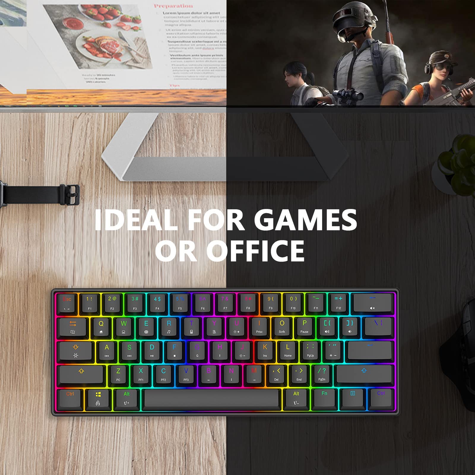60% Mechanical Gaming Keyboard Wired 60 Percent Keyboard with LED RGB Rainbow Backlit Blue Switch for Windows PC Gaming (61 Keys, Black)