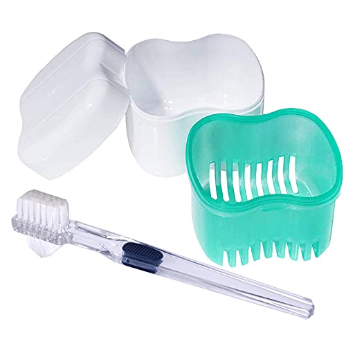 Bearals Denture Case, Denture Bath, Denture Cup with Strainer, Denture Box Container, Denture Cleaner Box (Green)