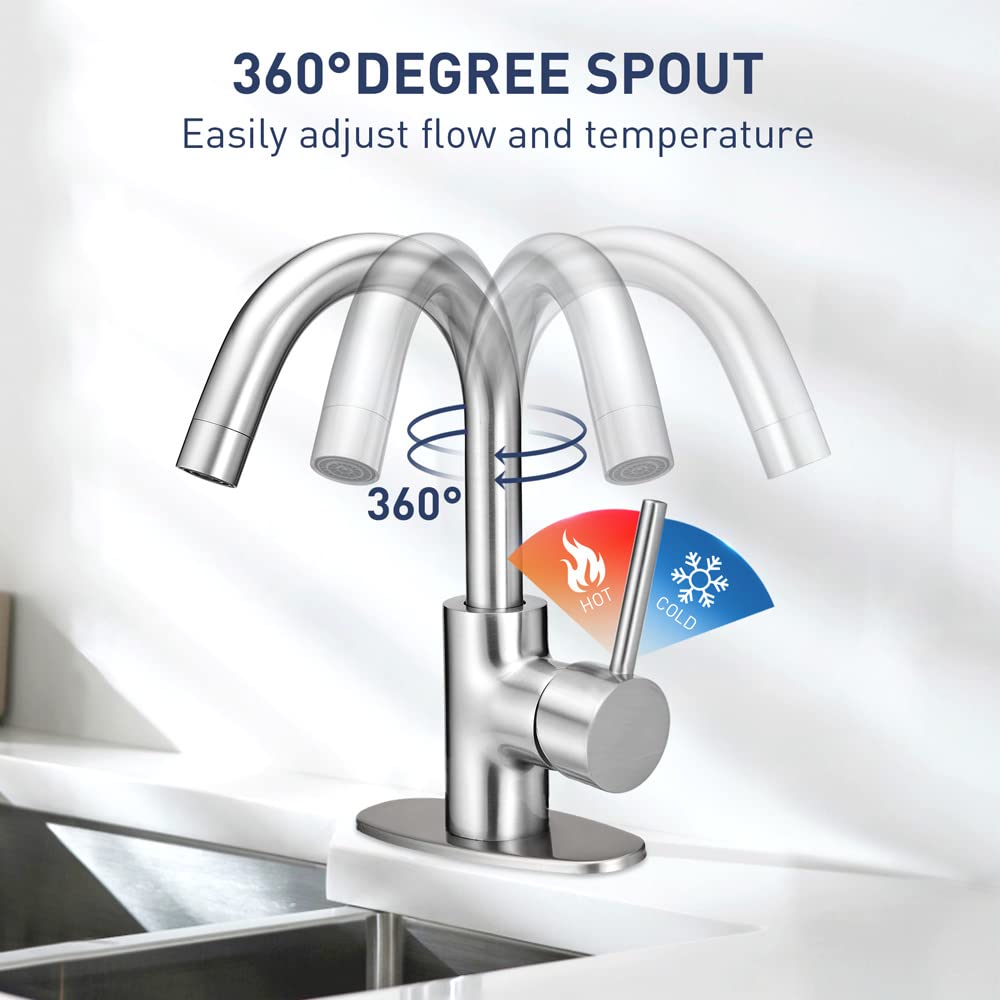PHICHI Bar Faucet Chrome, 1 Or 3 Hole Single Handle Stainless Steel Gooseneck Sink Faucets for Bathroom Bath Outdoor with Hot & Cold Water Supply Lines