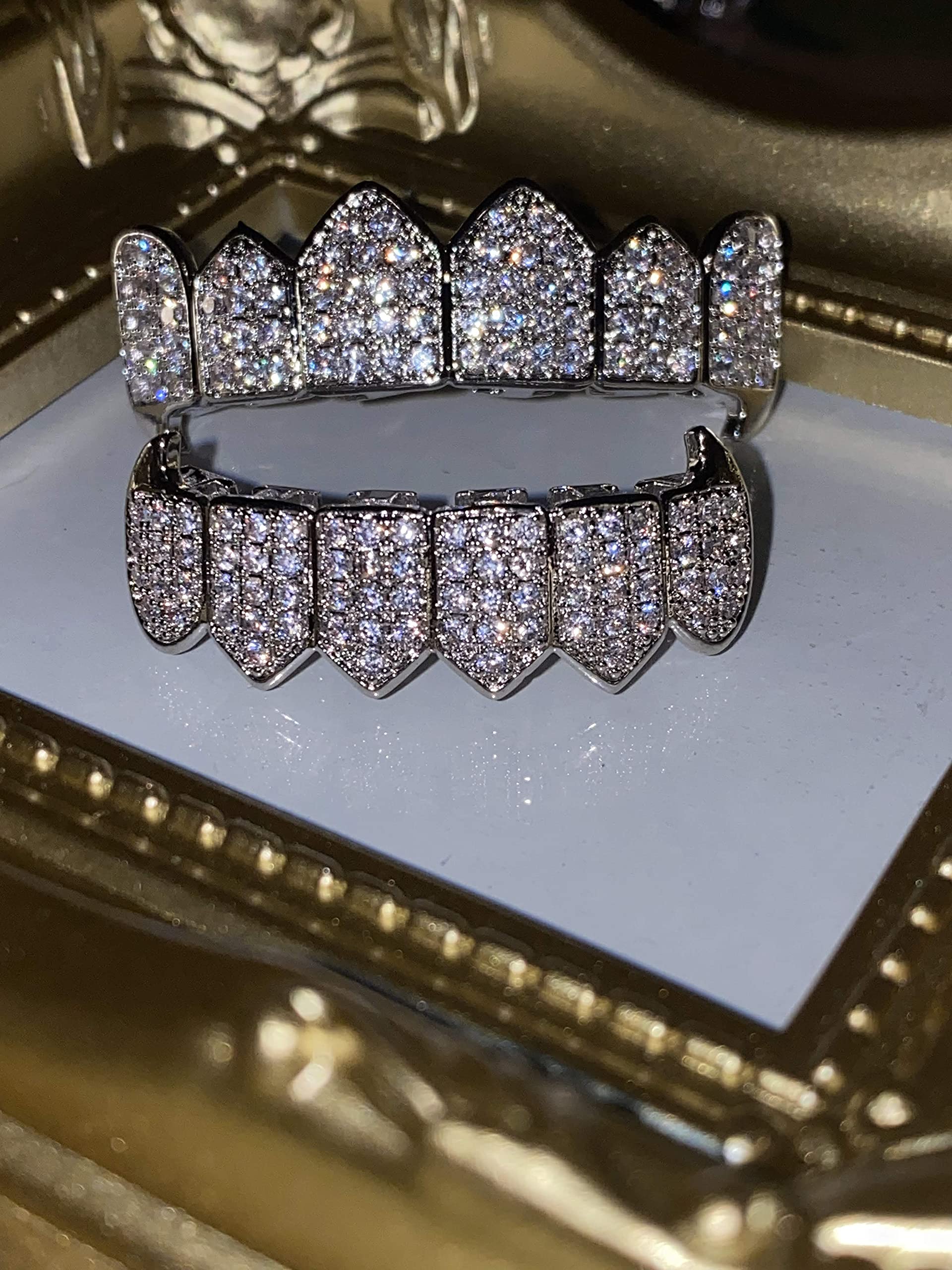 18K White Gold Plated CZ Cluster Custom Slugs Top Bottom GRILLZ Fangs Mouth Teeth Grills Set - Grillz, Teeth Cap, Iced Out Grillz (Top & Bottom Set)