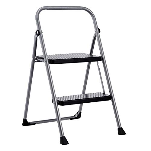 Amazon Basics Folding Step Stool - 2-Step, Steel, 200-Pound Capacity, Grey and Black