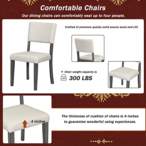 Aiuyesuo Farmhouse 5-Piece Round Dining Table Set with Curved Trestle Style Table Legs and 4 Upholstered Chairs for Dining Room, Acacia Wood Kitchen Dining Table Set for 4 (Dark Gray-Wood)