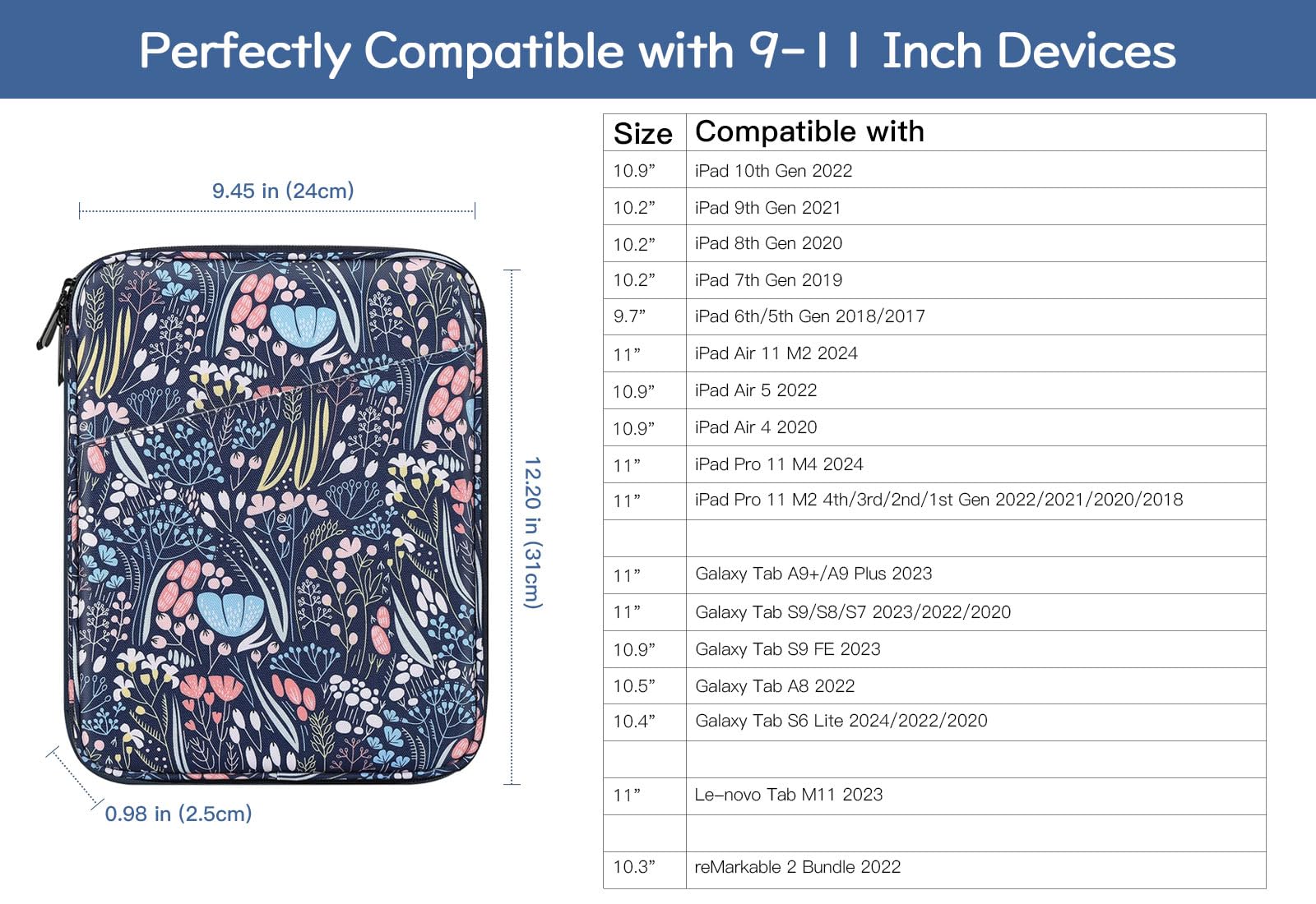 Dadanism 9-11 Inch Tablet Sleeve Bag Carrying Case for iPad 10th Gen 10.9, iPad 9/8/7th Gen 10.2, iPad Air 11", iPad Pro 11 M4 M2 2024, iPad Air5/4 10.9, Galaxy Tab A9+ Plus 11"/S9 FE, Night Blue