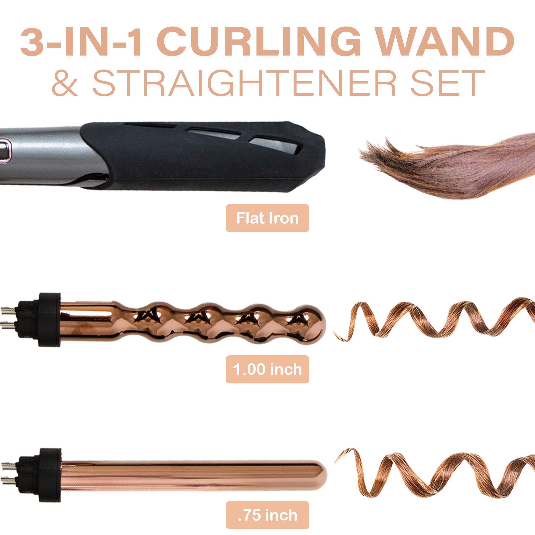 Blenci Interchangeable Curling Wand Set - Professional Curling Iron and Hair Straightener Gift Set Bundle Includes Multi Attachment Styling Wand, Flat Iron, Glove & Travel Case, Gift Idea for Women