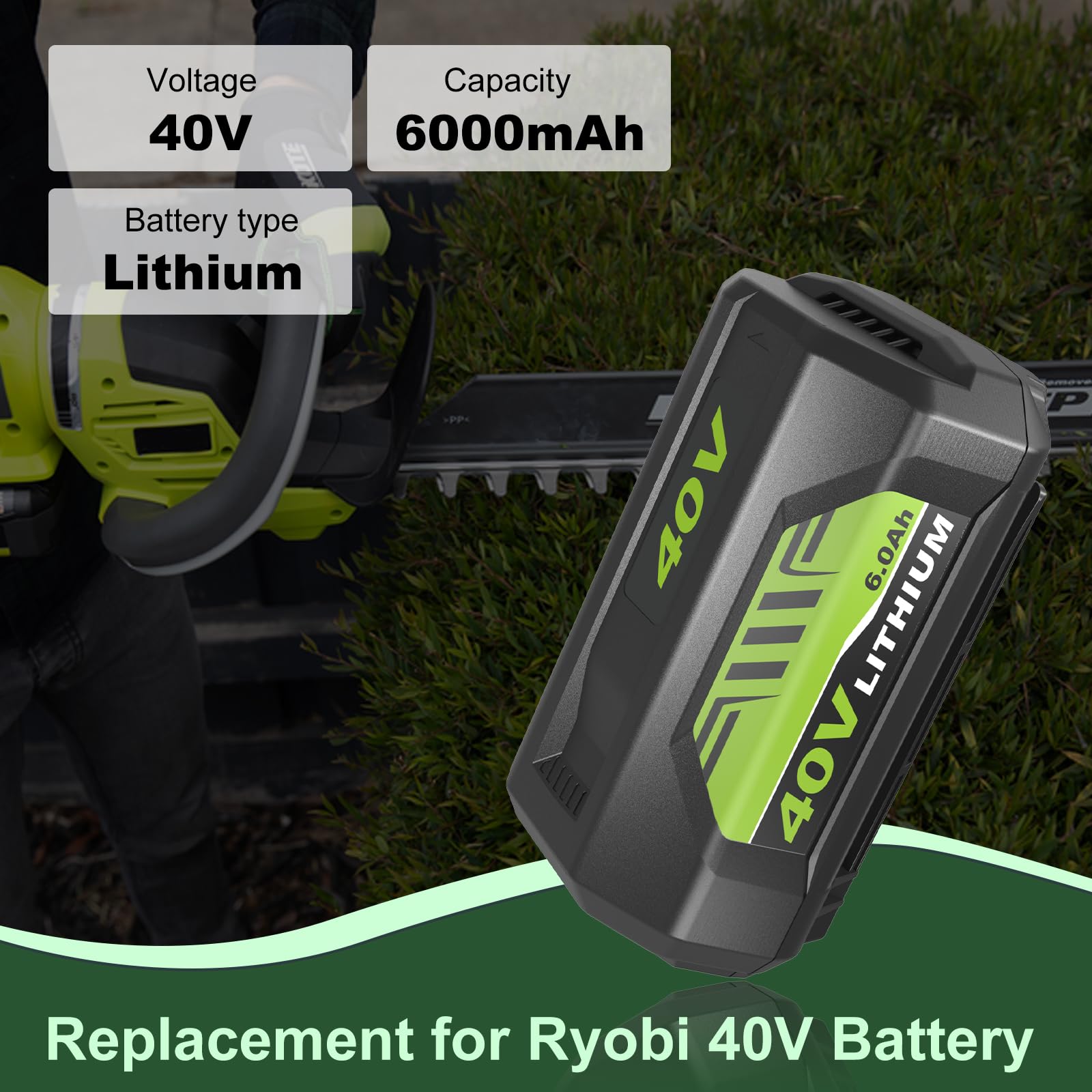 2 Pack 6.0Ah 40 Volt Replacement for Ryobi 40V Battery and Charger Kit Compatible with Ryobi 40 Volt Battery Lithium OP4040 OP40401 OP4026 OP40261 OP4050 OP40201 OP40601 (Green)