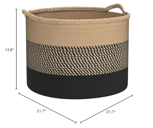 COMSE Extra Large Blanket Basket, Storage Basket, Laundry Basket, 21.7”x 13.8”, Laundry Hamper, Cotton Rope Basket, Blanket Basket Living Room, Toy Basket (Brown & Black)