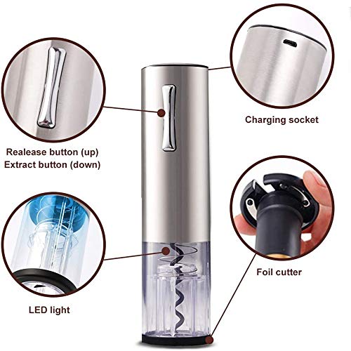 Abuzhen Electric Wine Opener, with Foil Cutter, Vacuum Stopper and Wine Aerator Pourer & USB Charging Cable,Automatic Corkscrew Bottle Opener for Wine Lover 4-in-1 Gift Set, Stainless Steel