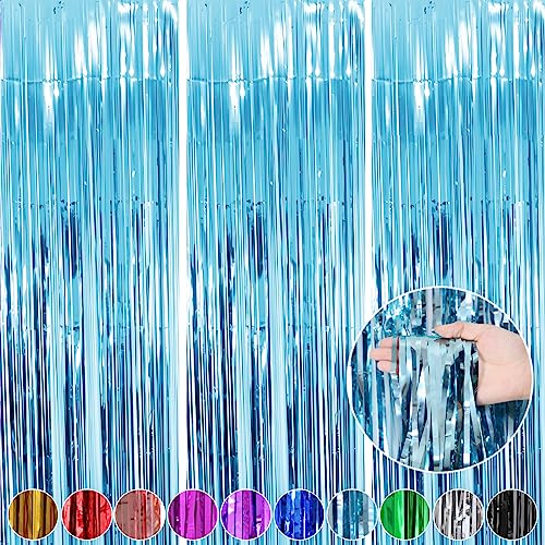 3 Pack 3.3x8.2 Feet Light Blue Fringe Curtains Party Decorations,Tinsel Backdrop Curtains Birthday Decorations, Baby Shower, Disco Party, Wedding, Graduation