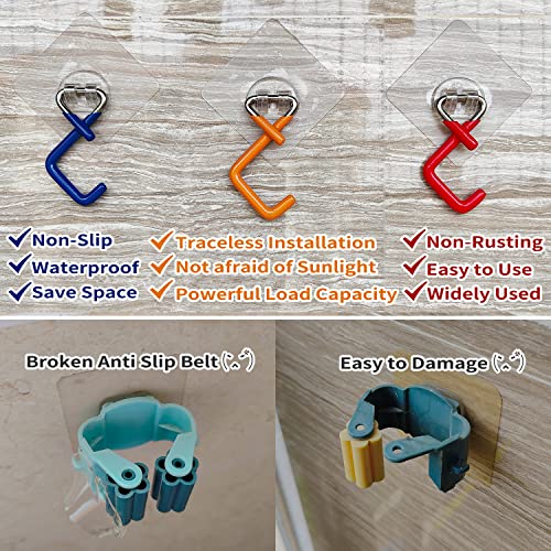 Broom Holder Wall Mount Self Adhesive 4 Pack, Mop Hanger No Drilling Super Anti-Slip, Wall Mount Tool Racks Stainless Steel Mop and Broom Hooks Organizer(Blue)