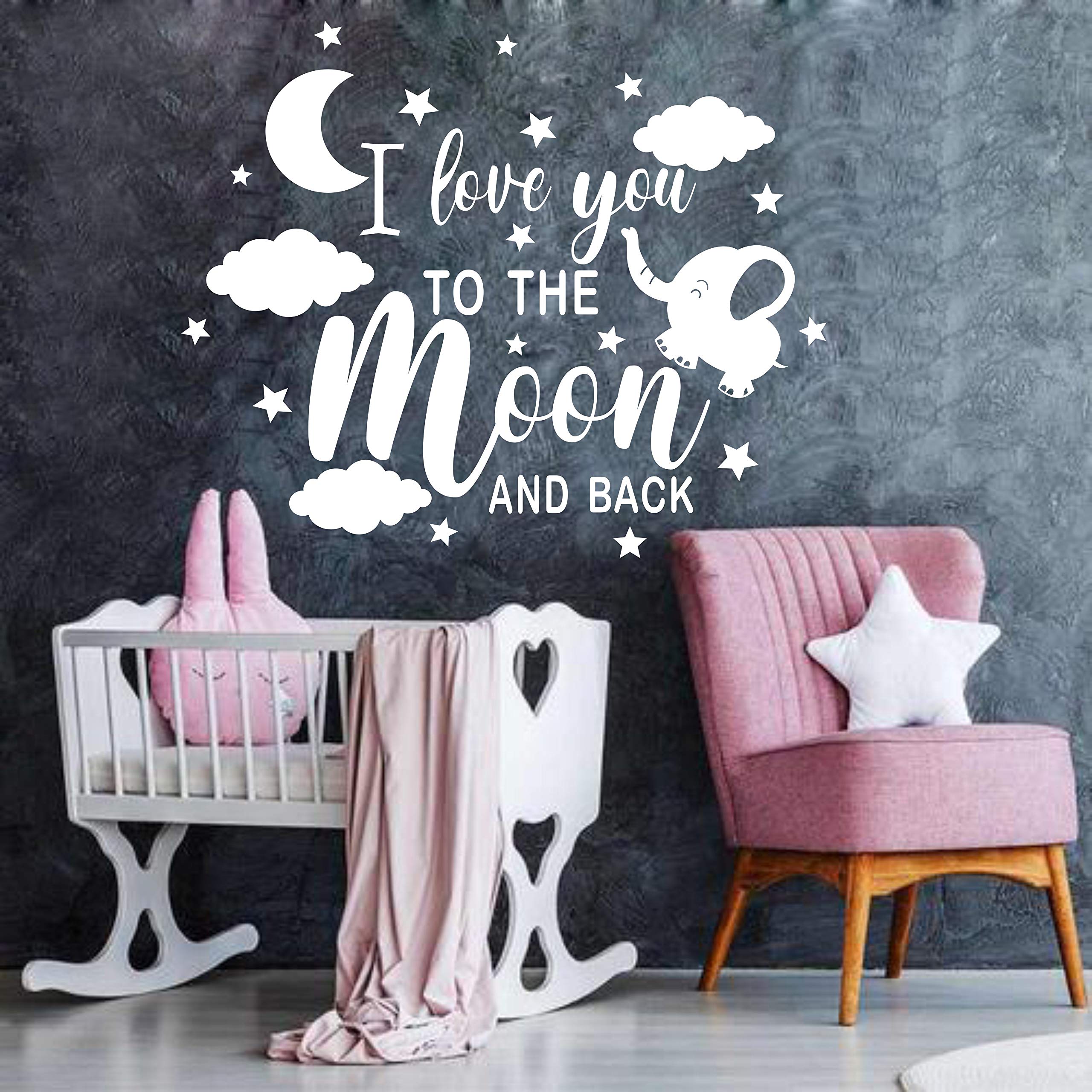 DDK I Love You to The Moon and Back Elephant Baby Kids Wall Decals Moon Stars and Clouds Space Wall Art Decals (White)