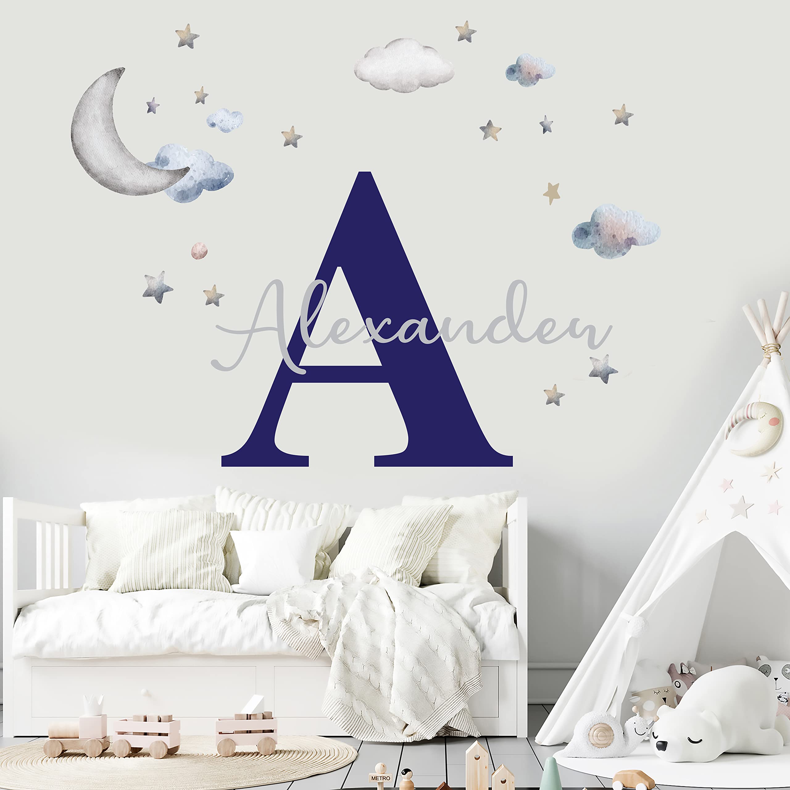 custom name wall decal moon stars Nursery Wall Decal for Boys Mural Wall Decal for Kids Name wall decal Custom name initial sticker Moon clouds name wALL DECAL