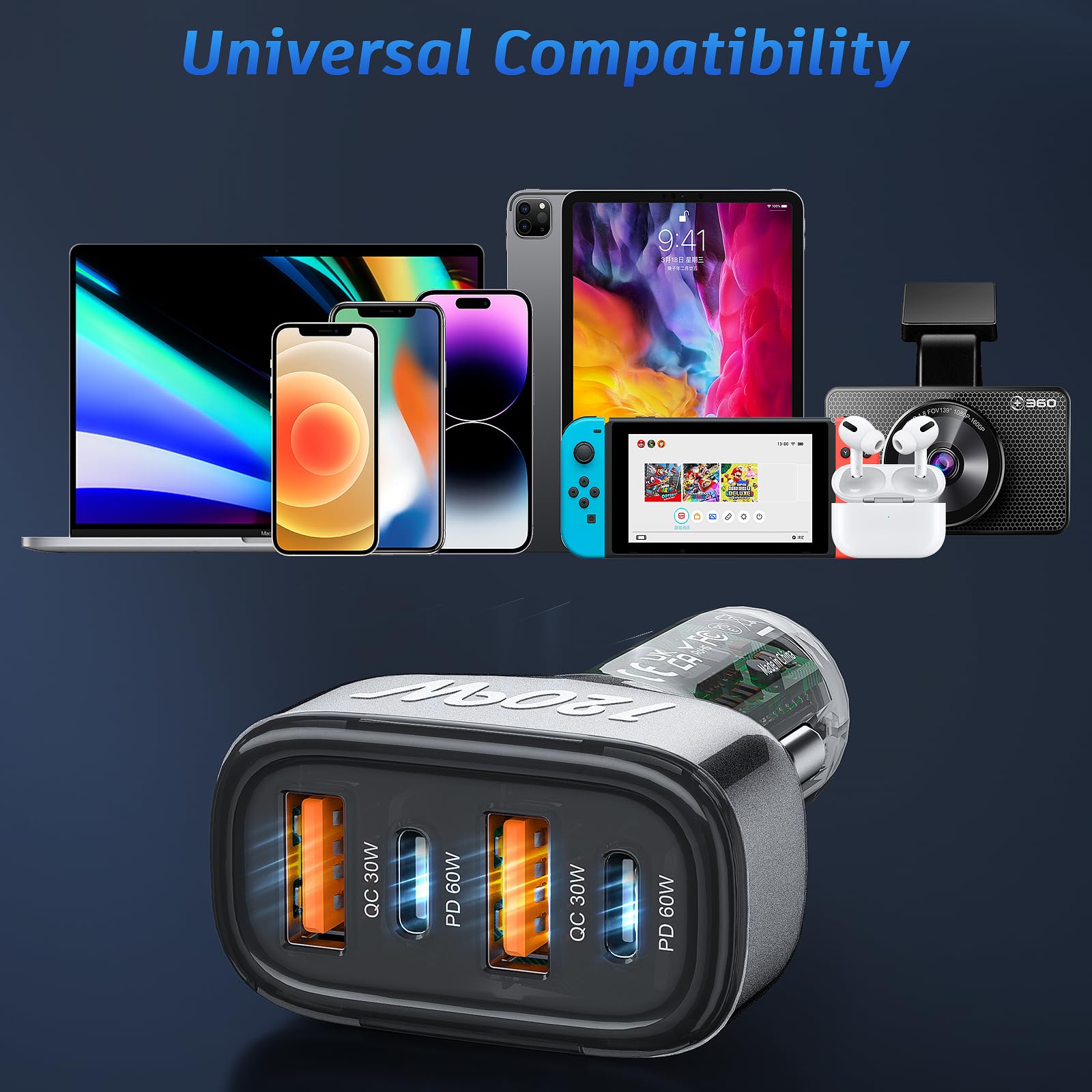 120W USB C Car Charger, SONRU 4 Ports Cigarette Lighter USB Car Charger Adapter, [2 PD 60W+2 QC3.0 30W] Fast Charging for iPhone 14 Pro Max Galaxy S23/22 Google Pixel LG iPad Air