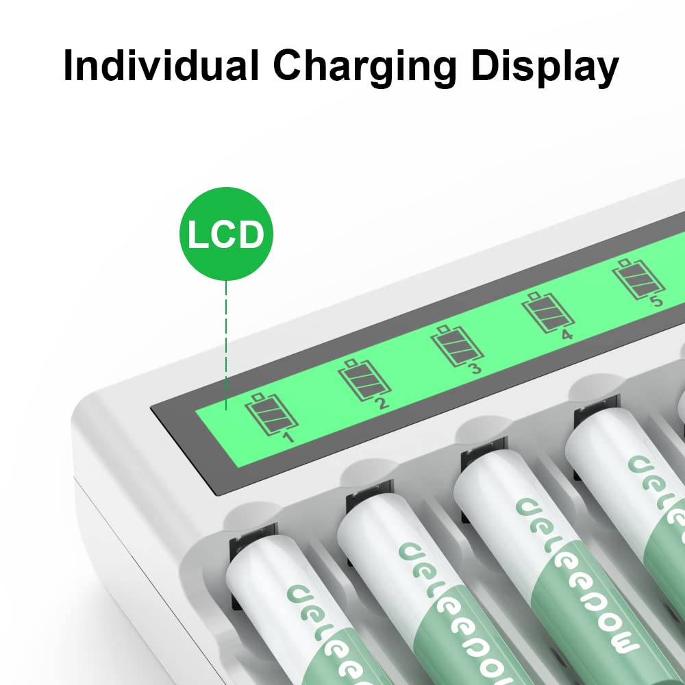 Deleepow 1100mAh Ni-MH AAA Rechargeable Batteries High Capacity 8 Pack AAA Batteries and 8-Bay AA AAA Individual Rechargeable Battery Charger