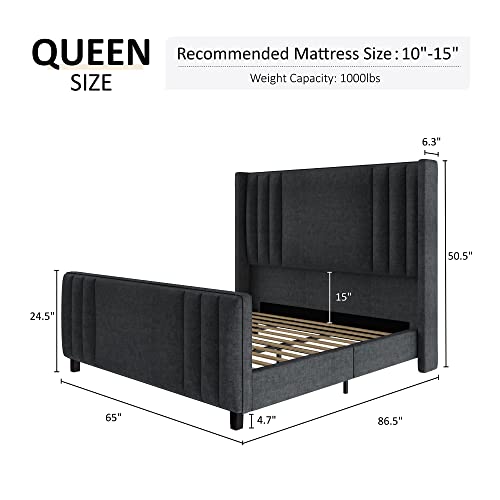 AMERLIFE Queen Size Bed Frame, Velvet Upholstered Platform with Vertical Channel Tufted Headboard & Footboard/Wingback, Mattress Foundation Wood Slats, No Box Spring Needed, Grey (BF-004)