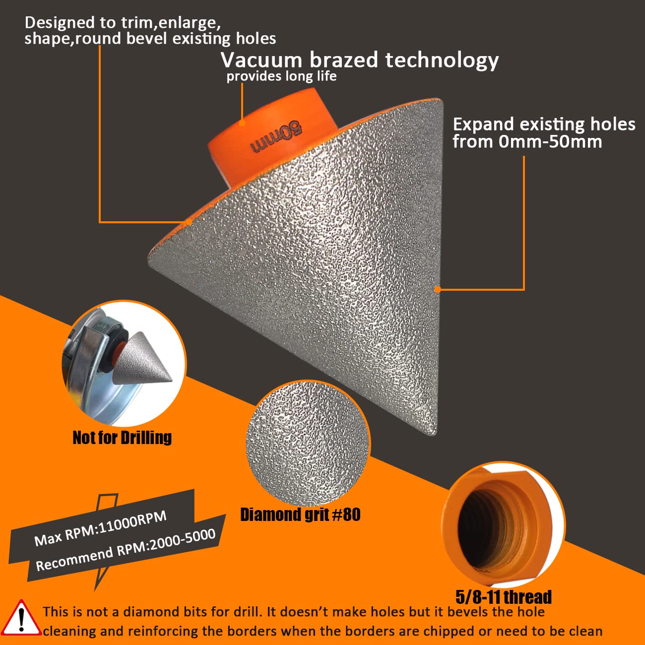 3Pcs 2" Diamond Beveling Chamfer Bits Tile Cone with 5/8-11 Thread Adapter 1" Diamond Finger Milling Bits for Existing Holes Enlarging Trimming in Tile Marble Porcelain Granite Ceramic