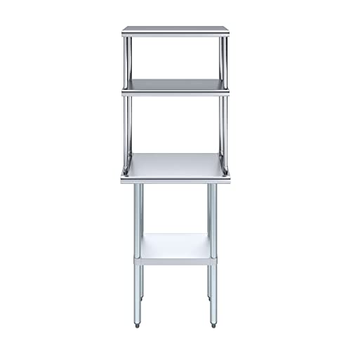 AmGood Stainless Steel Work Table with 12" Wide Double Tier Overshelf | Metal Kitchen Prep Table & Shelving Combo | NSF (Stainless Steel Table with Double Overshelves, 24" Long x 14" Deep)