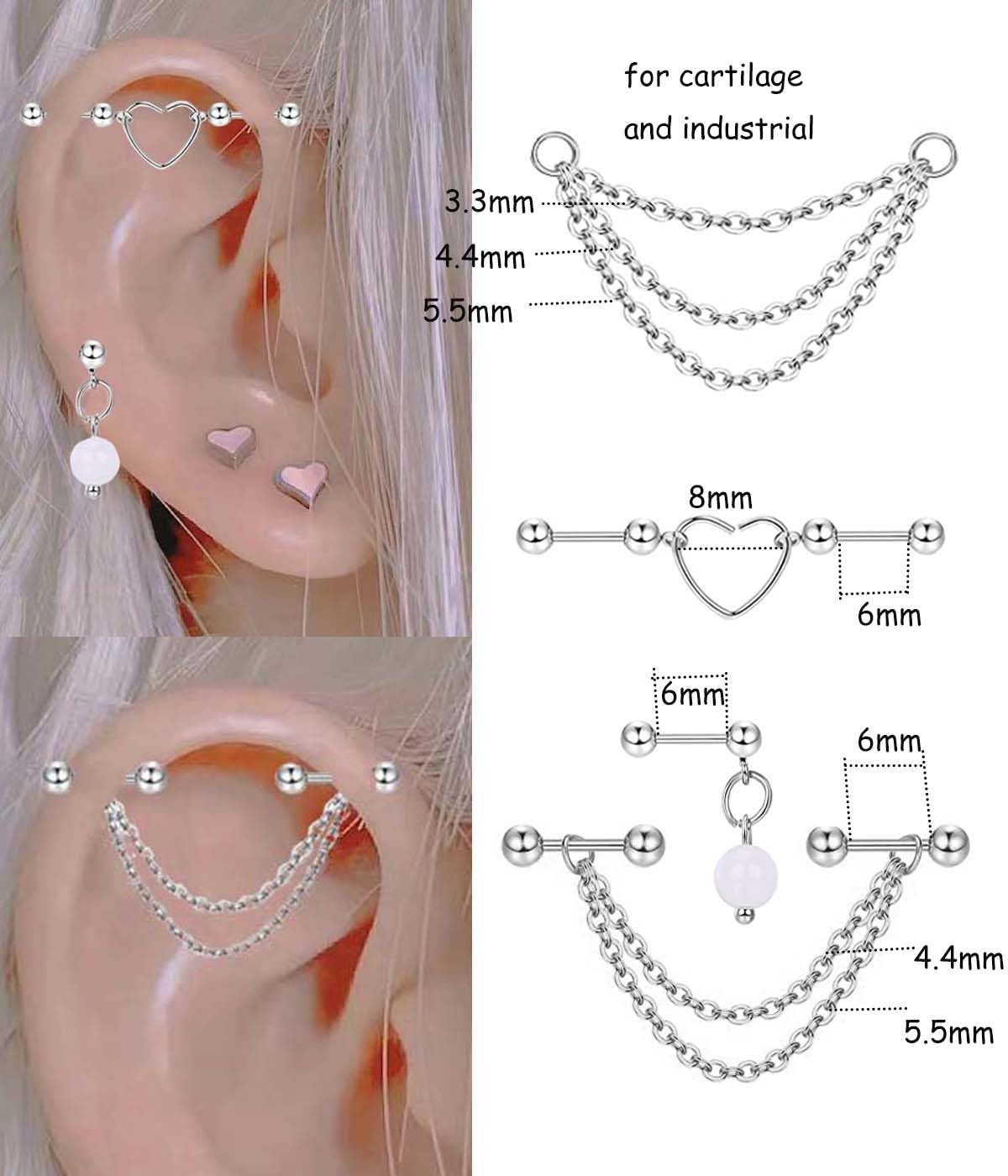 14G Industrial Barbell Earrings Stainless Steel Long Cartilage Helix Conch Body Piercing Jewelry 7-18pcs (Set #1)