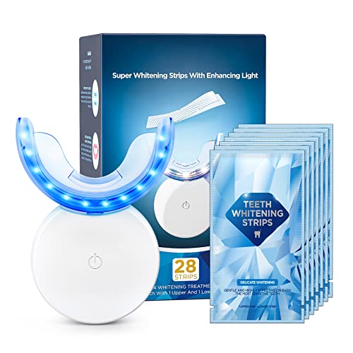 Teeth Whitening Strips with Light, 28 Dentist-Level White Strips for Teeth Whitening, Rechargeable 24X Blue Teeth Whitening Light, Teeth Whitening Kit with Led Light