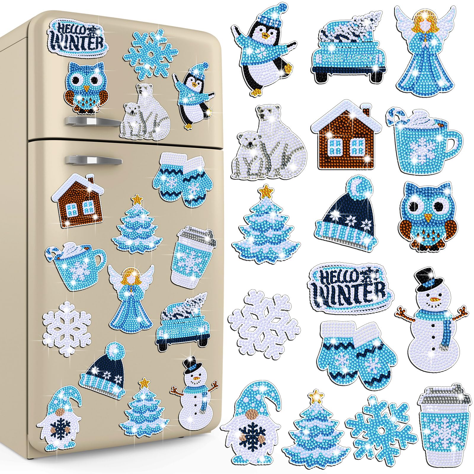 16 Pcs Winter Magnet Diamond Art for Refrigerator Christmas Diamond Painting Magnets DIY Winter Penguin Snowflake Gnome Magnets Diamond Painting Kits Xmas Fridge Magnet Decals for Kids Adults Crafts
